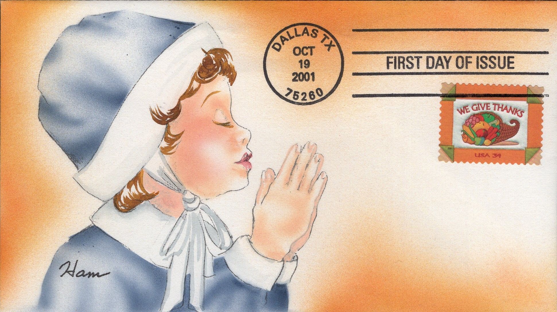 Lois Hamilton Hand Painted FDC for the 2001 34c We Give Thanks Stamp ...