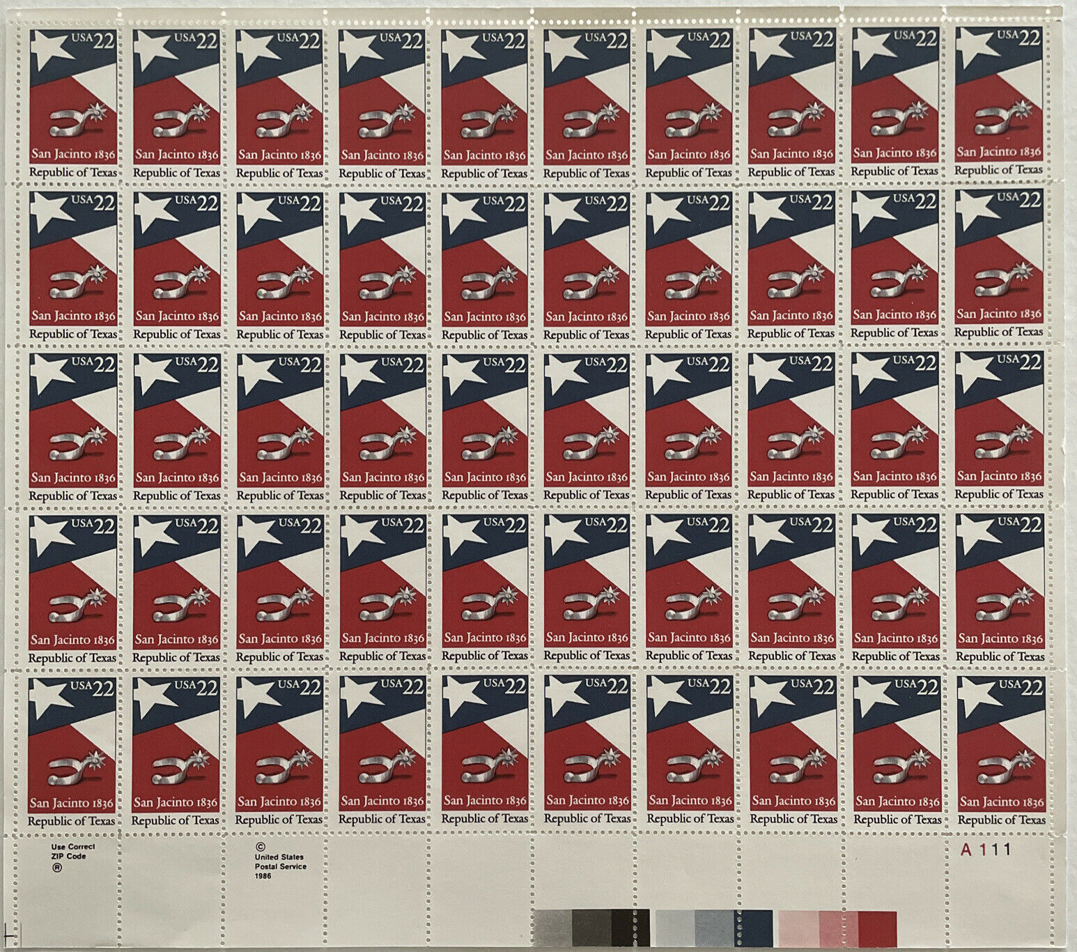 Scott 2204 TEXAS STATEHOOD Sheet of 50 US 22¢ Stamps MNH 1986 | United ...