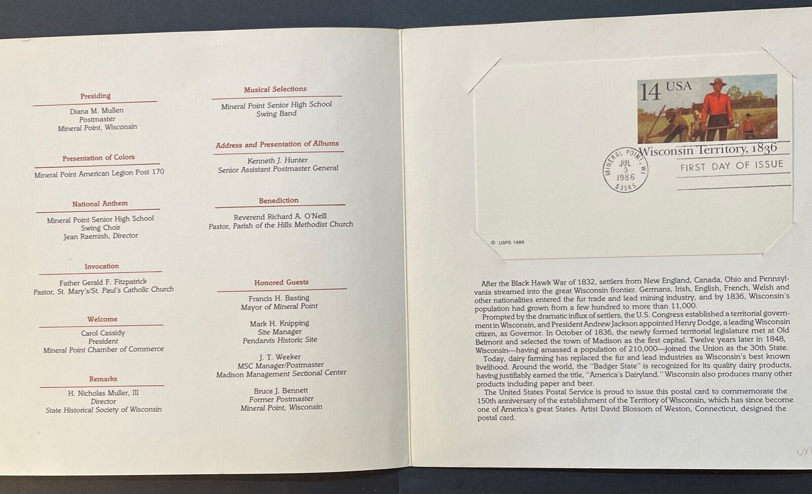 1986 Wisconsin Territory Postal Card First Day Ceremony Program Sc ...