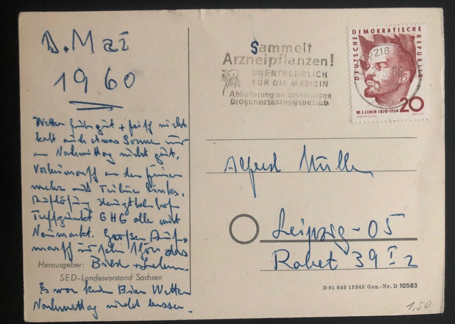 1960 Leipzig DDR East Germany Picture Postcard cover Ernst Thalmann ...