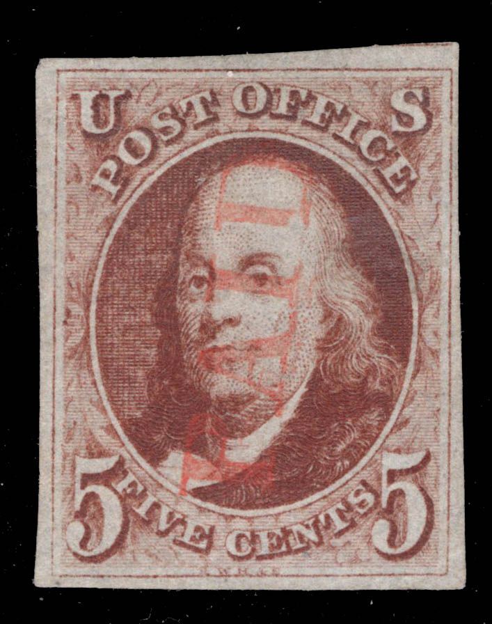 US Stamps # 1b Orange Brown Imperf RED Paid Used $900 LOT #45588 ...