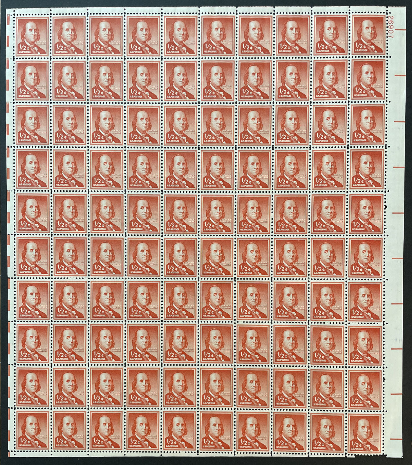 Scott 1030 BENJAMIN FRANKLIN Sheet of 100 US 1/2¢ Stamps 1958 NH ...