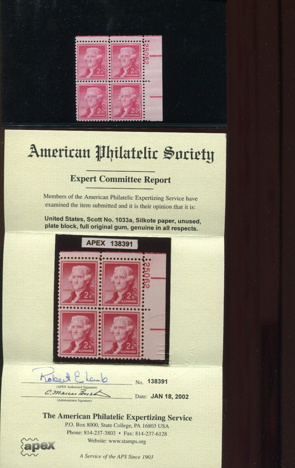 1033a Jefferson SILKOTE PAPER Mint Plate Block of 4 Stamps NH w/APS ...