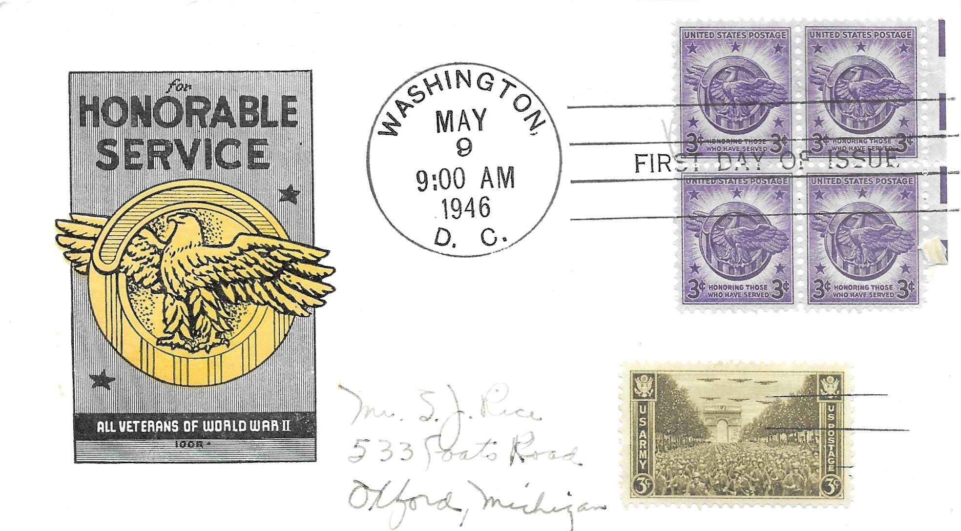 1946 FDC, #940, 3c Honorable Discharge, Ioor, block of 4 | United ...