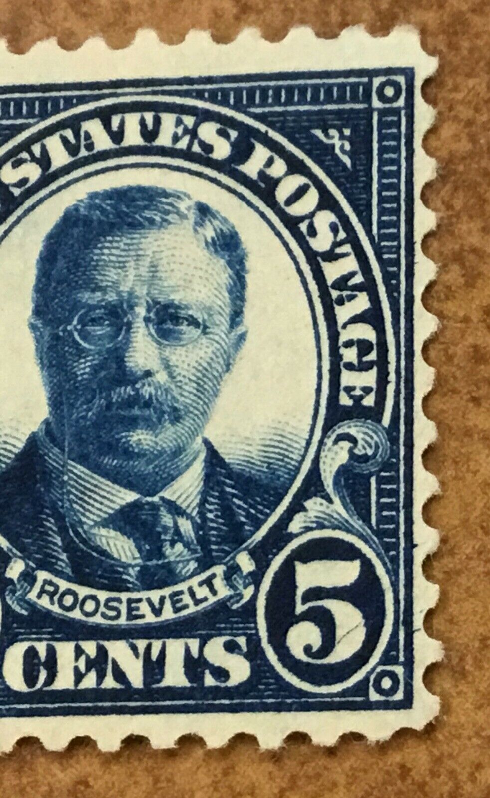 US # 557 5c -EFO: Blue lines, plate scratches, lower right MH error ...