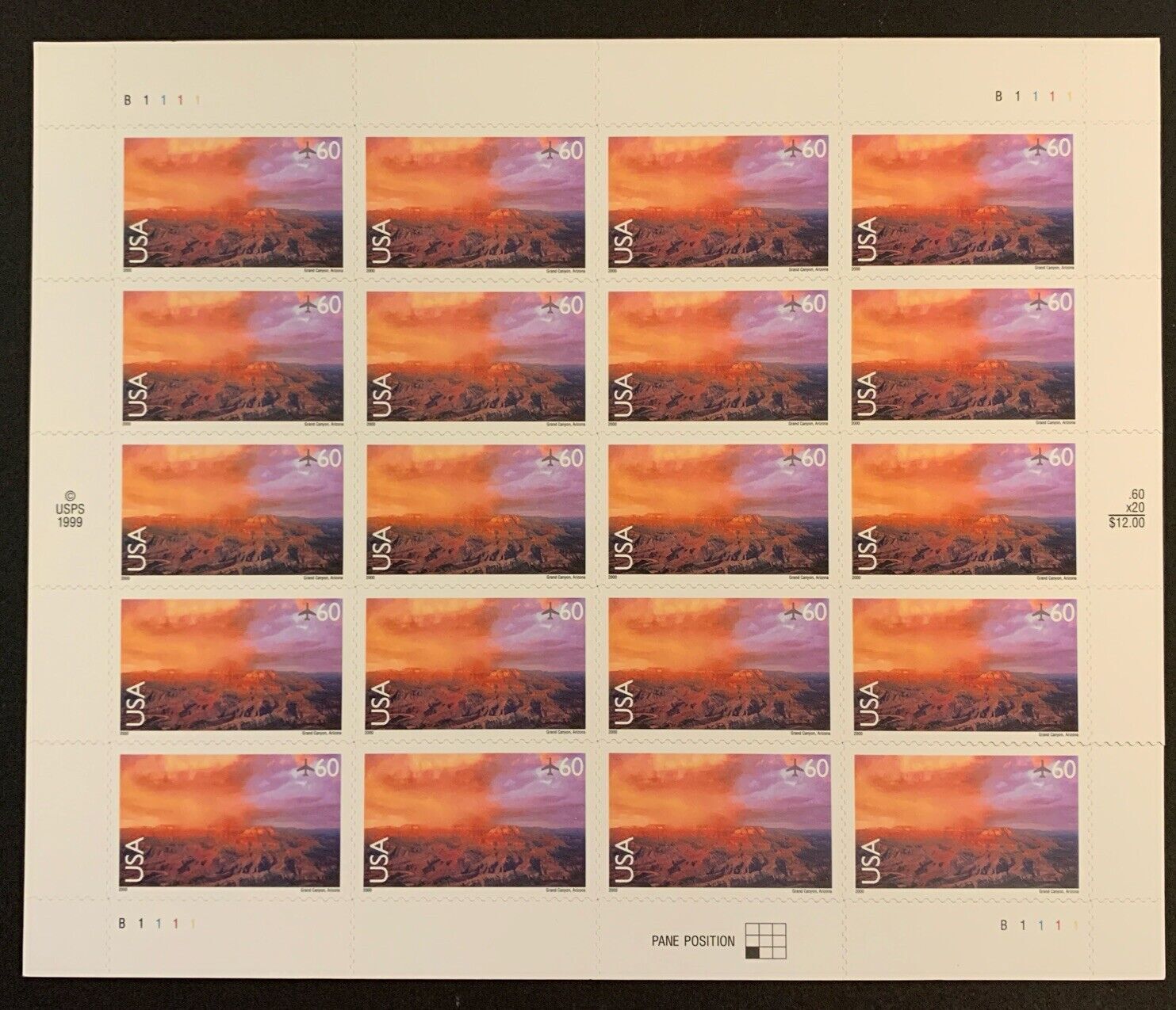 # C135 Grand Canyon Sheet of Twenty 60 Cent Airmail Postage Stamps ...