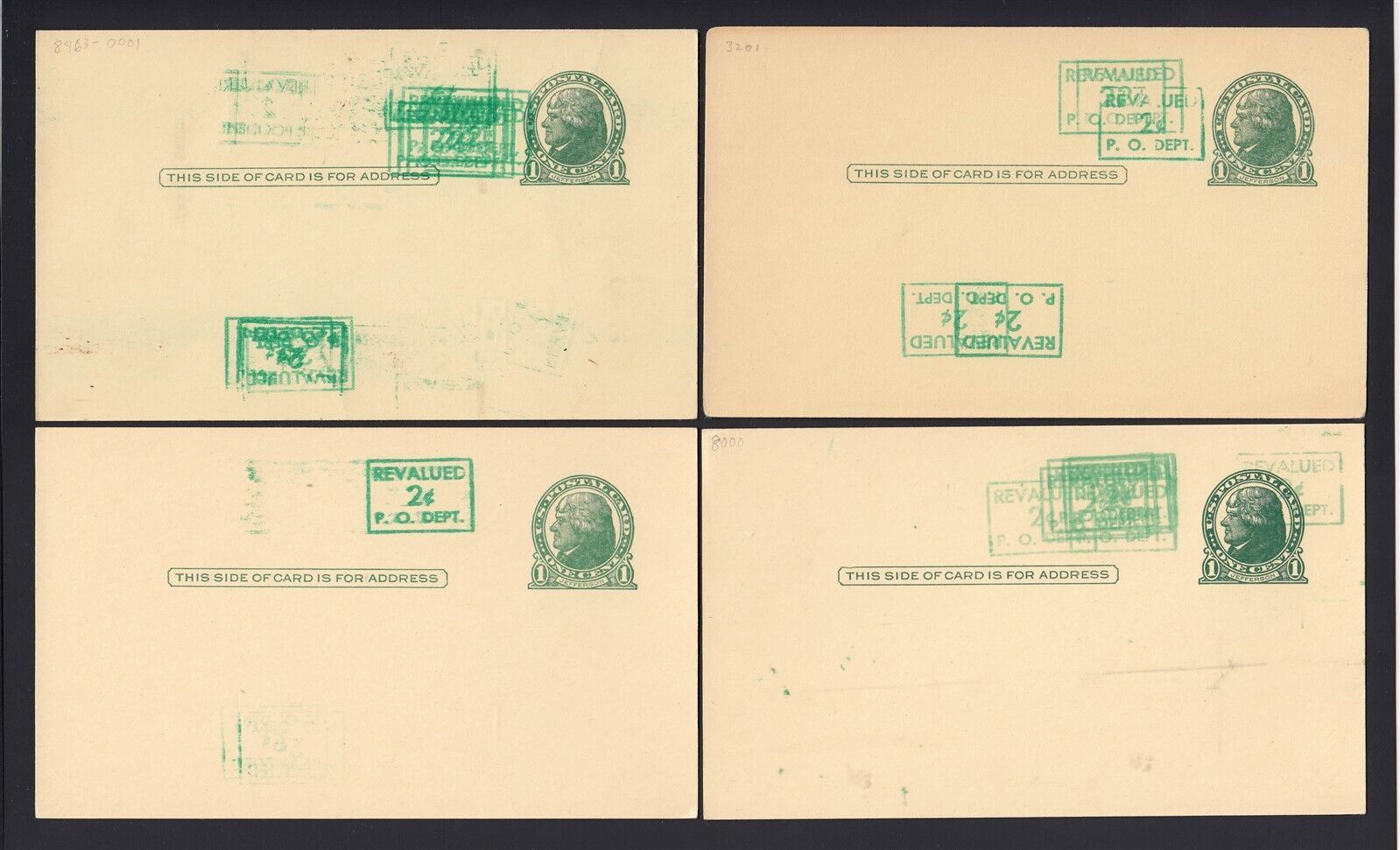 UX39 (4) Mint Postal Cards, MULTIPLE Surcharges Front/Back Group #13 ...