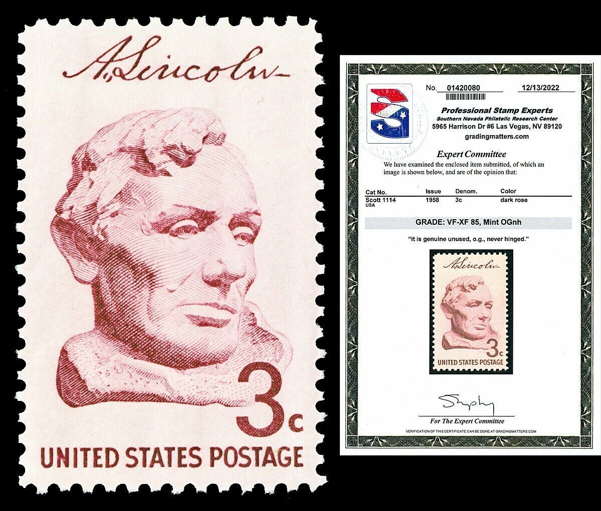 Scott 1114 1958 3c Lincoln Issue Mint Graded VF-XF 85 NH with PSE CERT ...