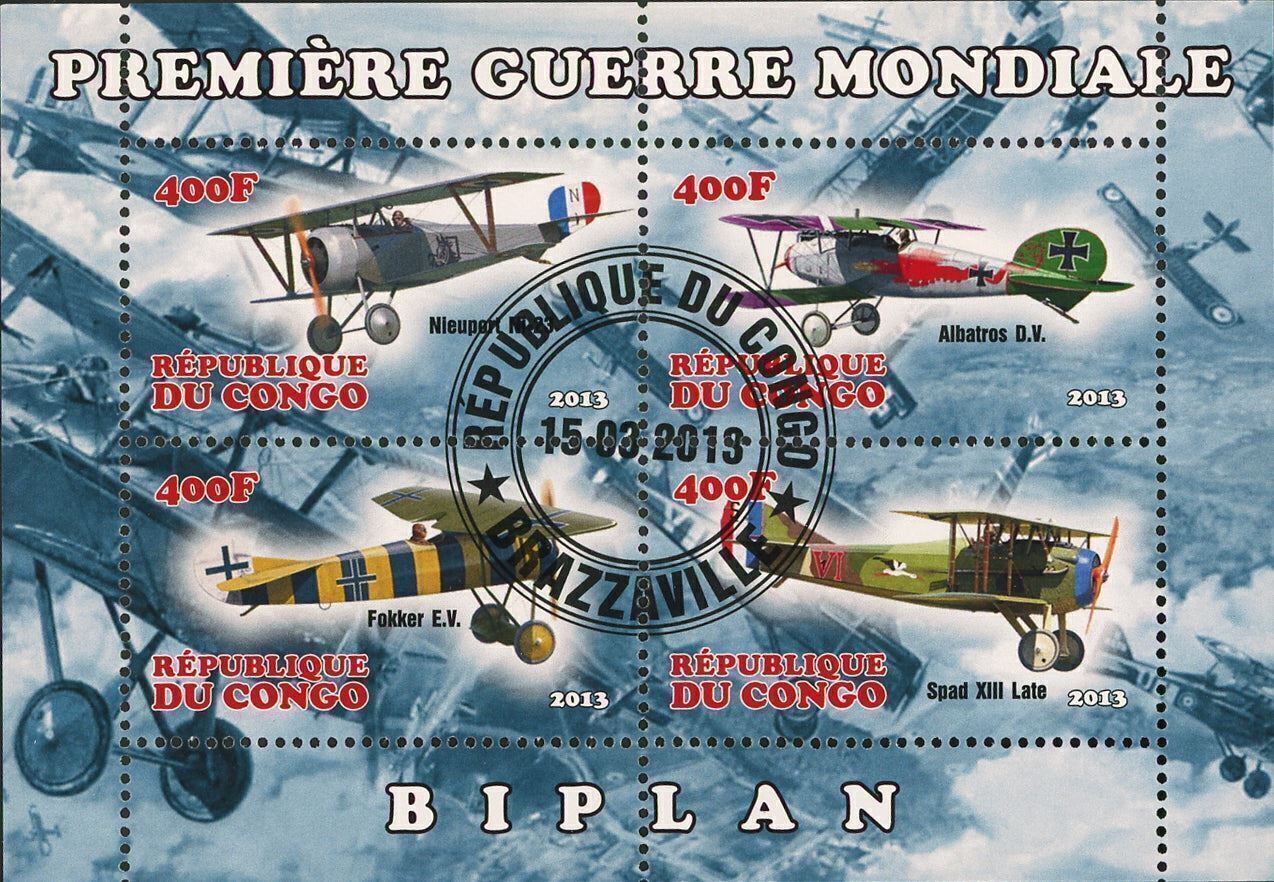 Congo World War I Biplane Airplane Souvenir Sheet of 4 Stamps ...