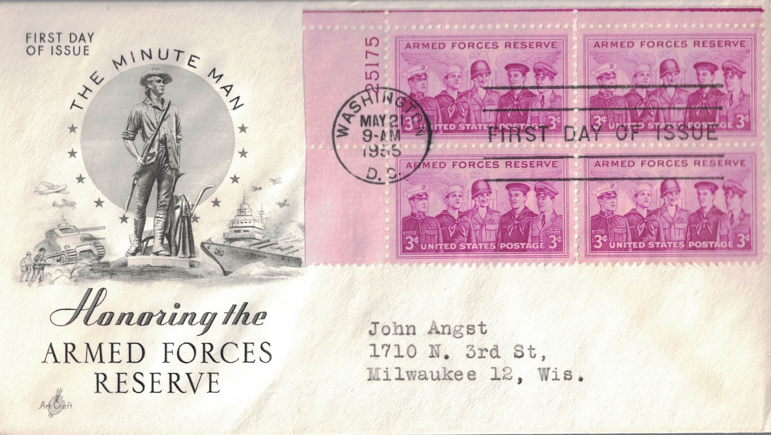 1955 FDC, #1067, 3c Armed Forces Reserve, Art Craft, plate block ...