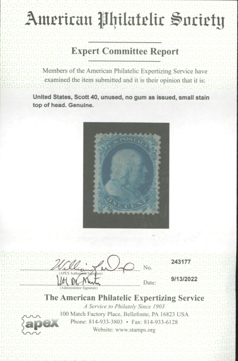 U.S. #40 Mint With APS Cert | United States, General Issue Stamp / HipStamp
