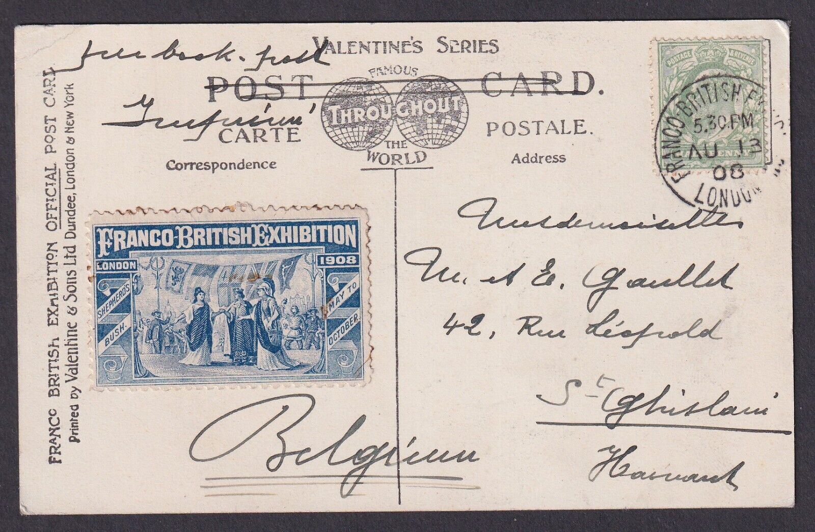 Great Britain, 1908 Franco-British Exhibition Label on picture post ...