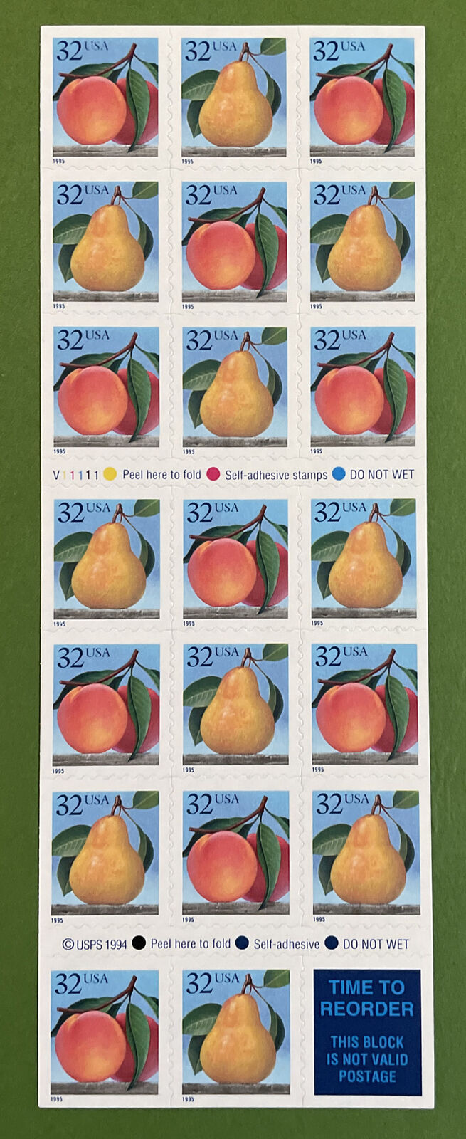 Scott 2494a PEACH & PEAR Booklet Pane of 20 US 32¢ Stamps MNH 1995 ...