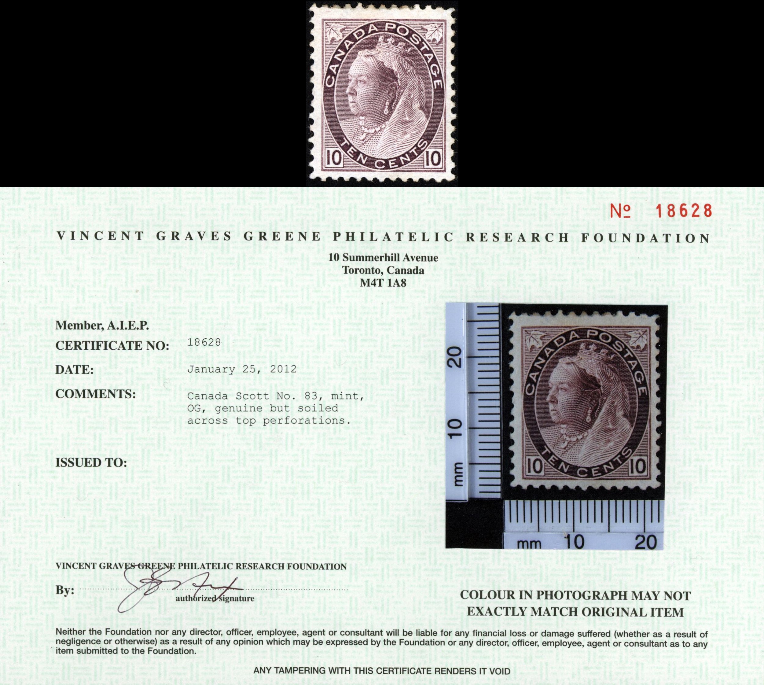 Canada Sc# 83 MH VGG Certificate soiled 1898 10c Queen Victoria Numeral ...