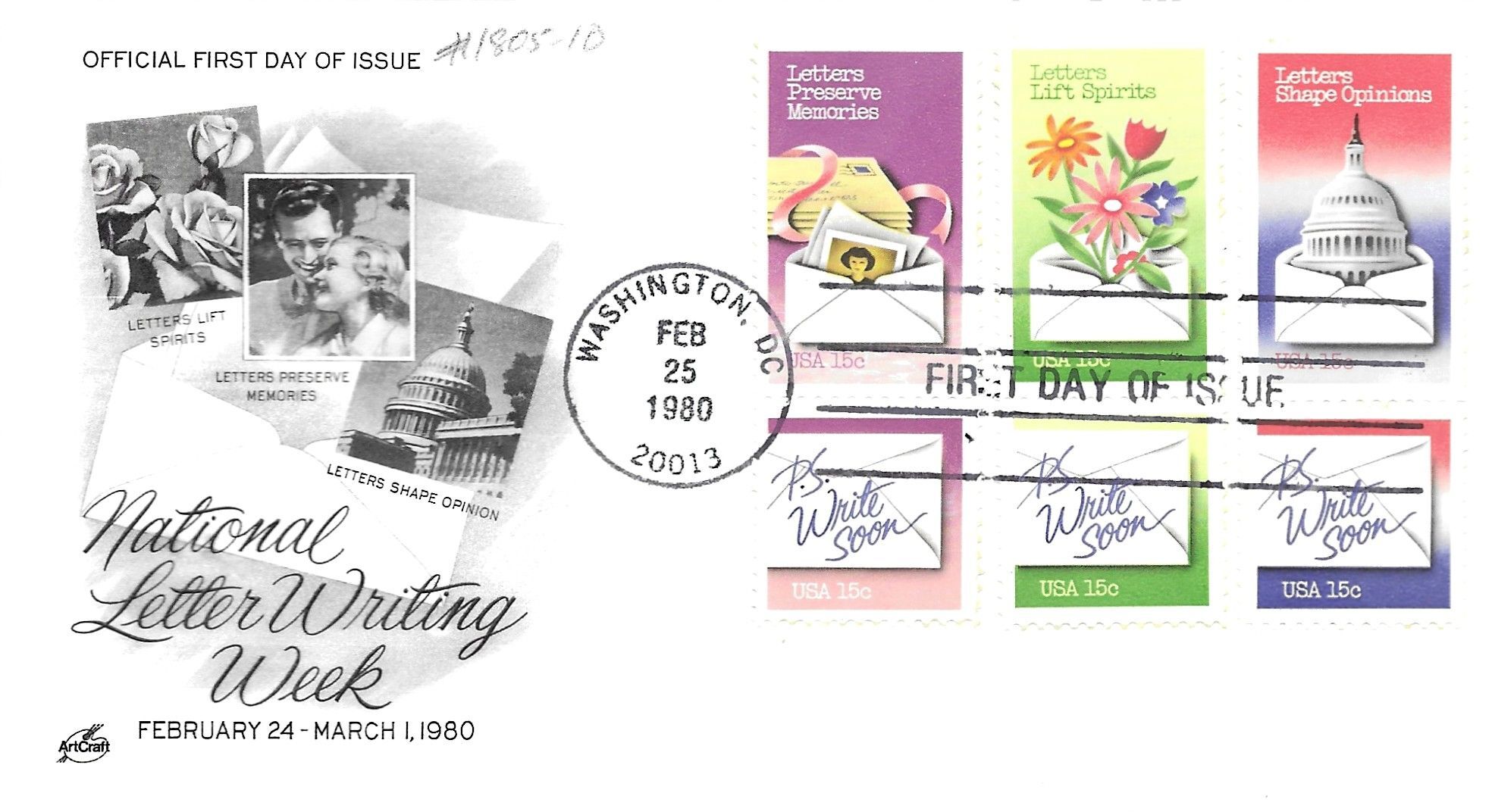 1980 FDC, #1805-1810, 15c National Letter Writing Week, Art Craft ...