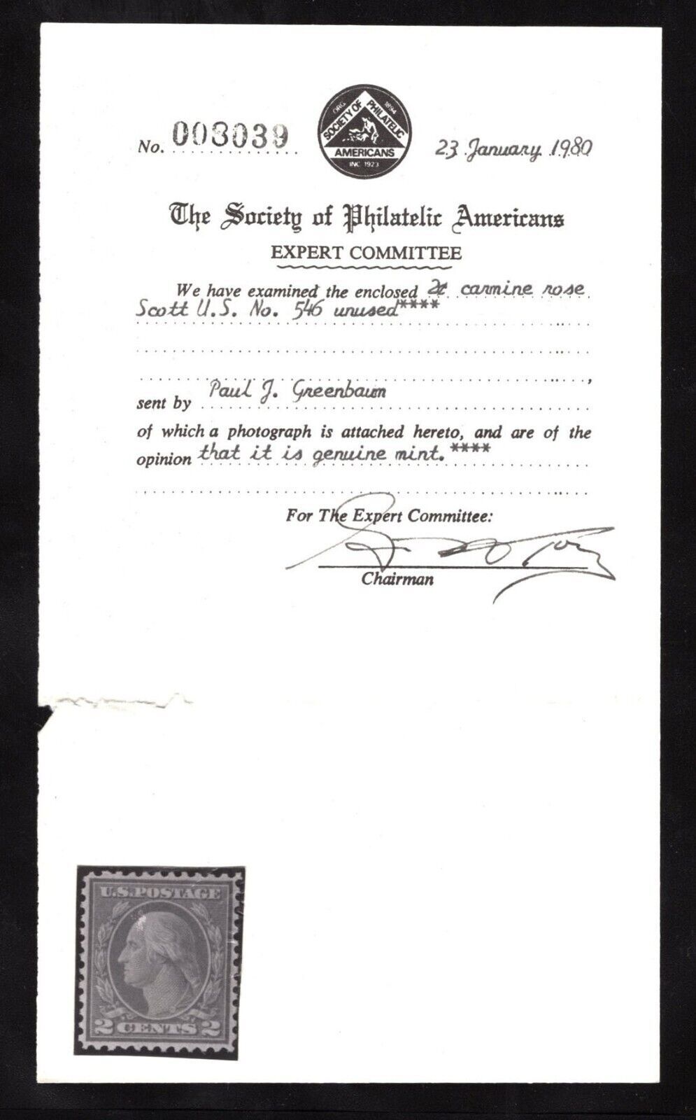 US Stamps #546 Mint OG NH VF/XF SPA Cert LOT #77508 | United States ...