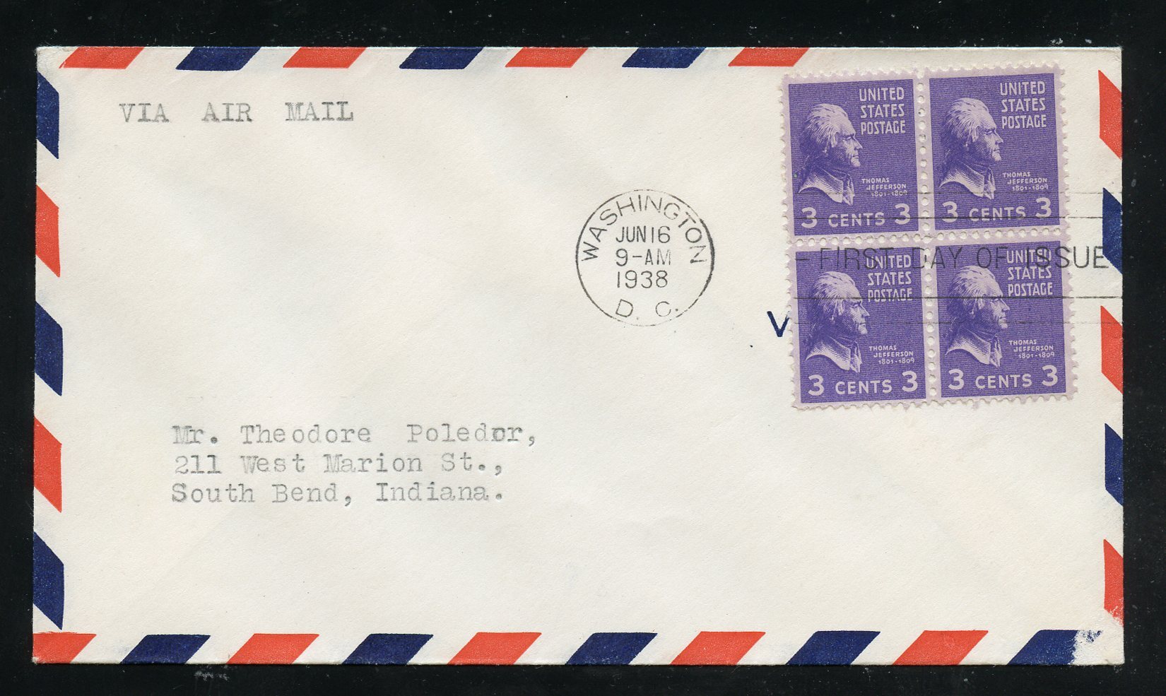 US 807 Presidential Series, Thomas Jefferson Blk ADDR No cachet FDC ...
