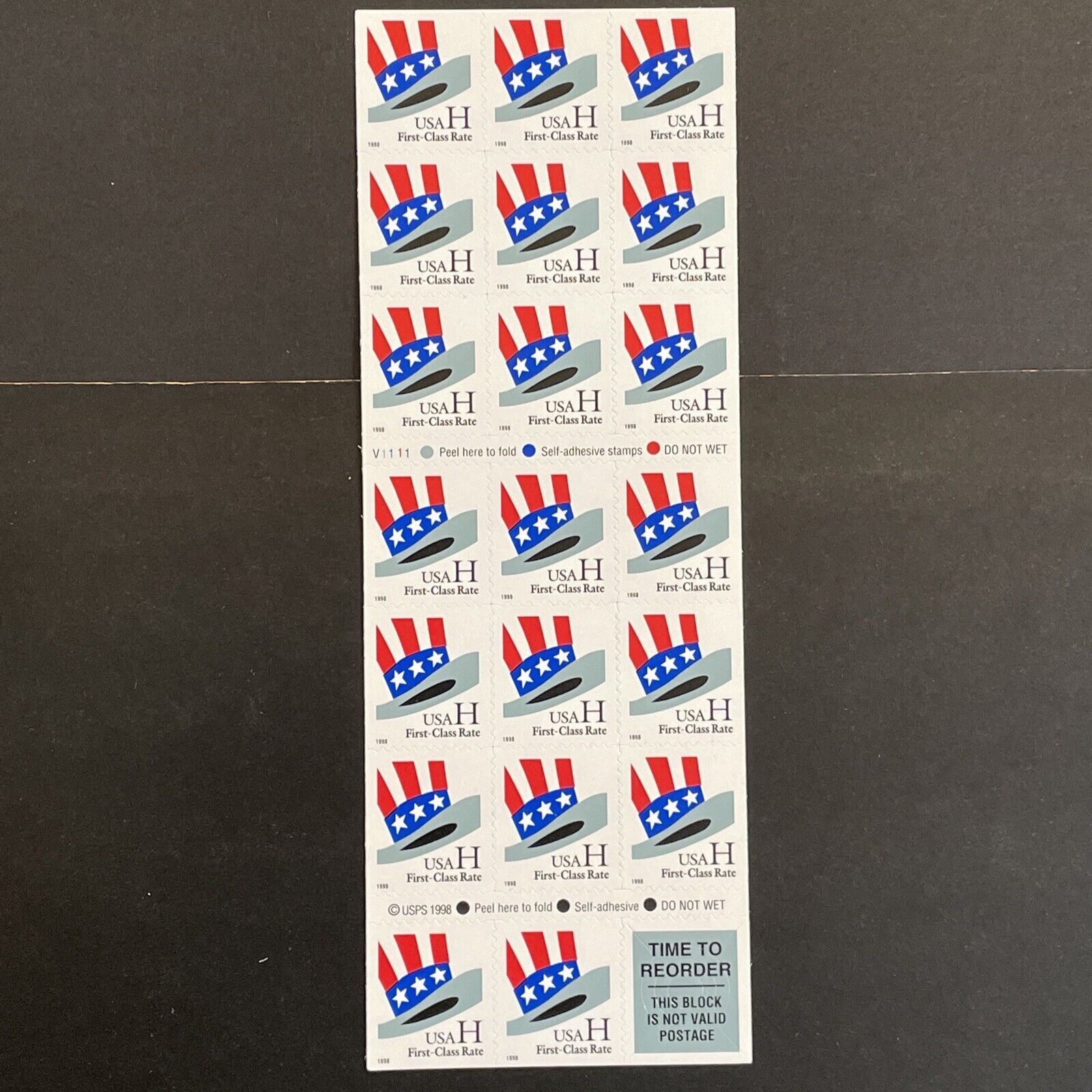 1998 Booklet 20 H-Rate Uncle Sam's Hat Self-Adhesive Sc# 3268c | United ...