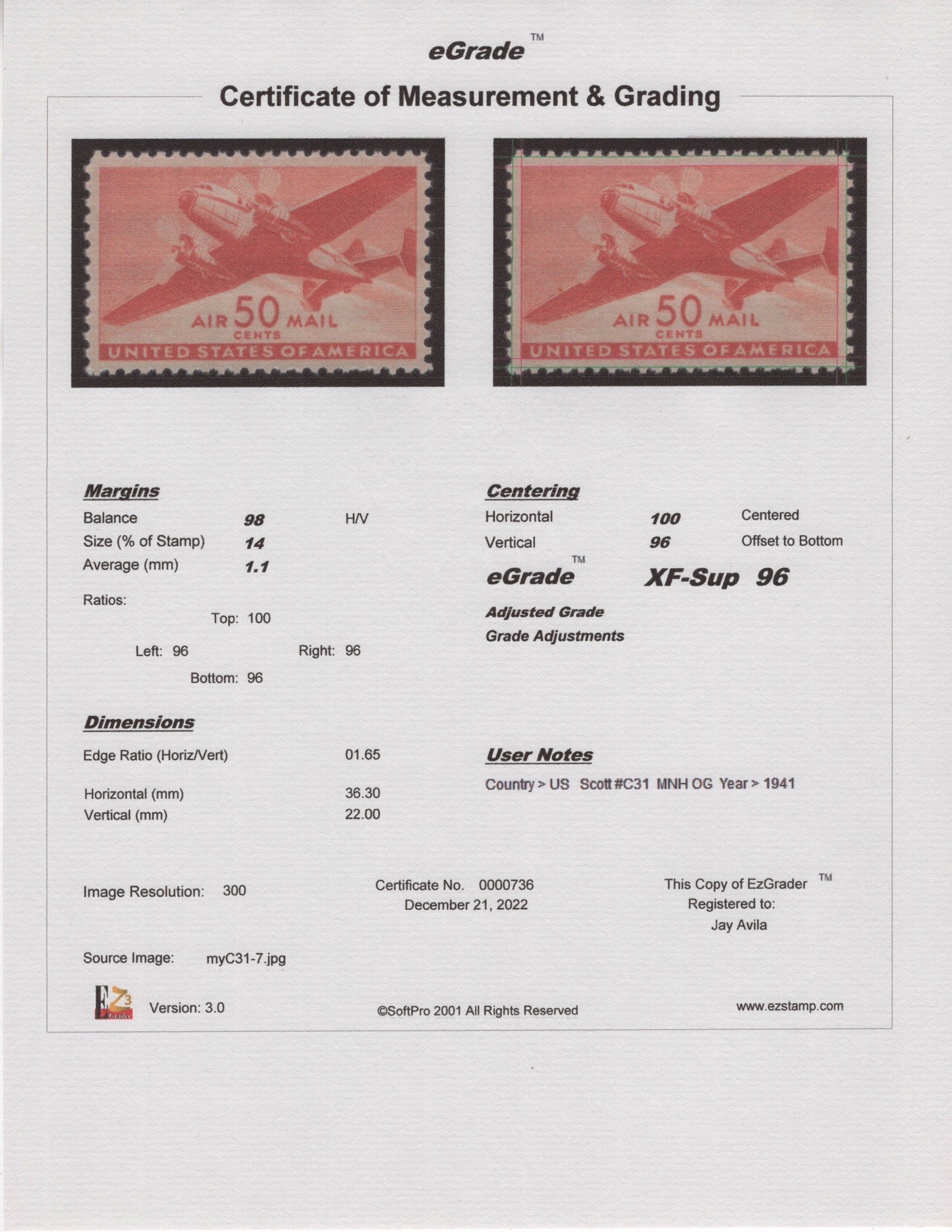 US Scott #C31 MNH OG Transport Plane EGRADED W/Certificate eGrade XF ...