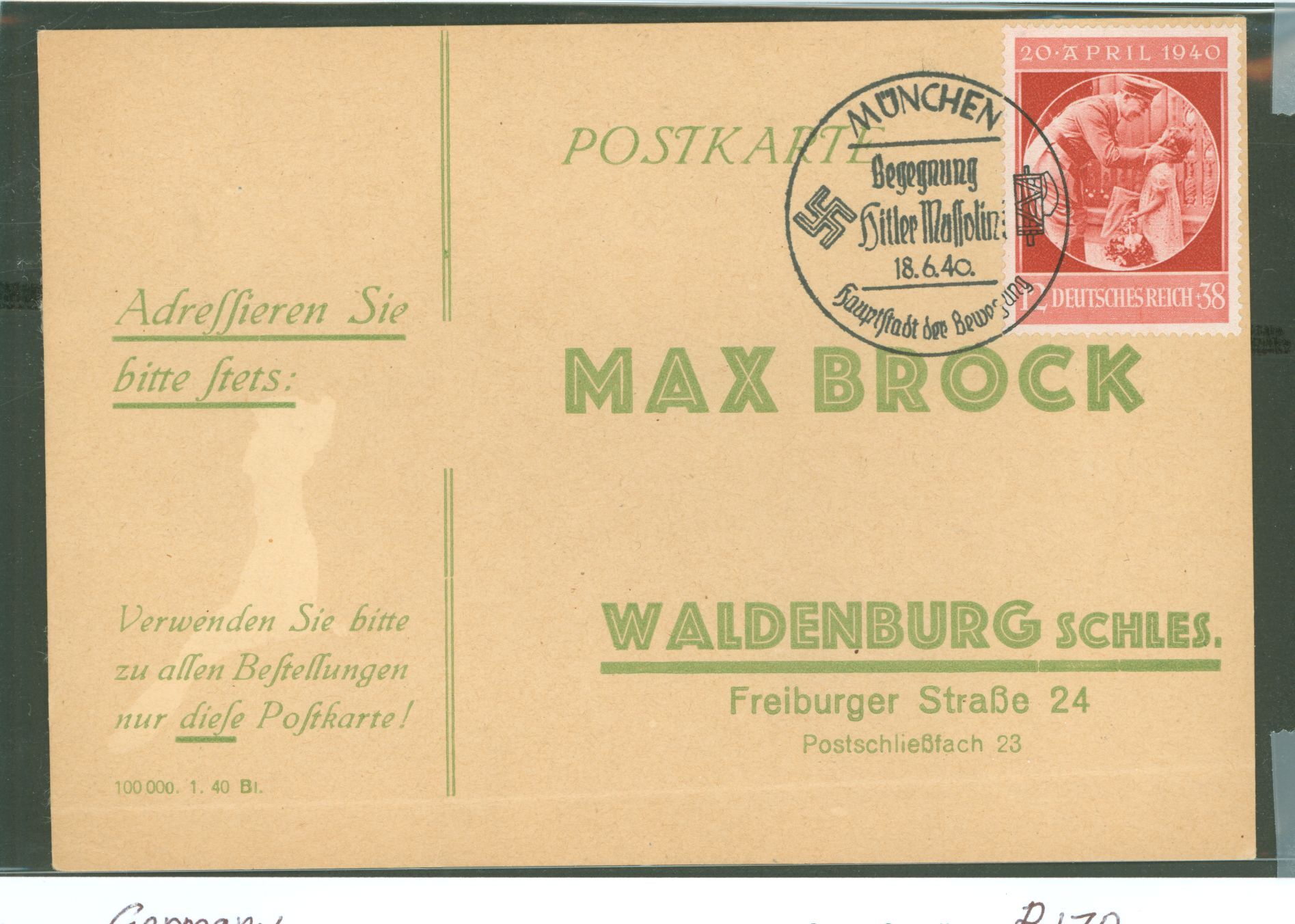 Germany B170 1940 Spec. cancel: Hitler-Mussolini encounter, Munich ...