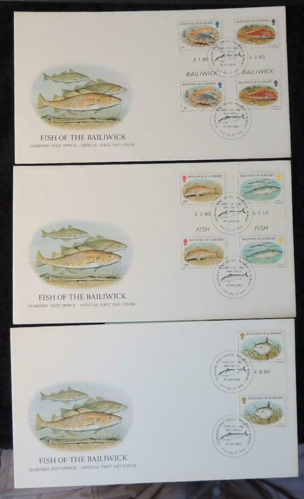 Guernsey 1985 FDC fish sunfish mackerel red mullet cuckoo wrasse ...