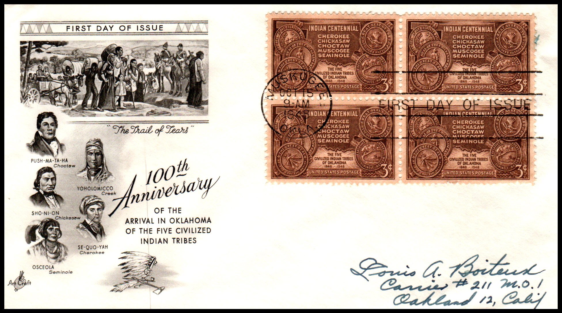 US 972 Indian Centennial Block of Four Pent Arts Pen FDC | United ...