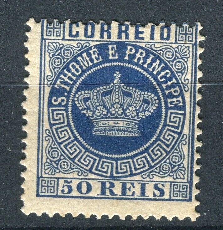 PORTUGAL; ST. THOMAS 1870s classic early Crown Type Mint hinged 50r ...
