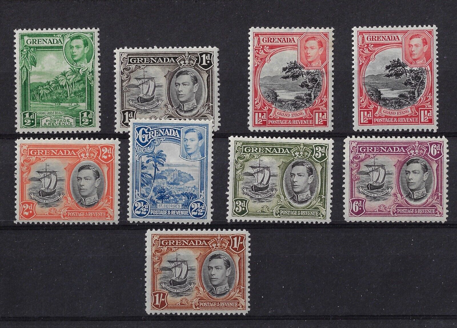 Grenada 1938 KGVI perf var. see description. 1/2d to 1/ SG 153a-160 ...