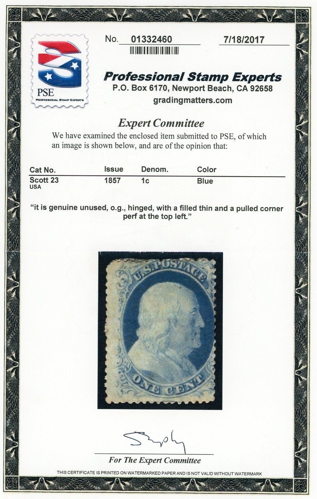 Scott #23 Mint With Slight Flwas but Very Rare W/PSE Certificate SCV ...