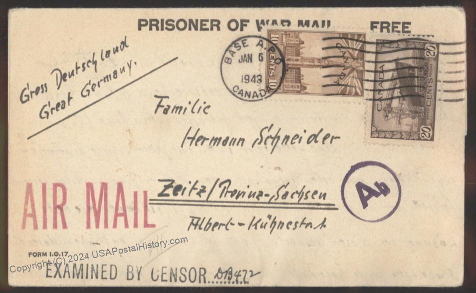 Canada 1943 WWII POW Camp 30 Ottawa Kriegsmarine Airmail Cover Germany ...