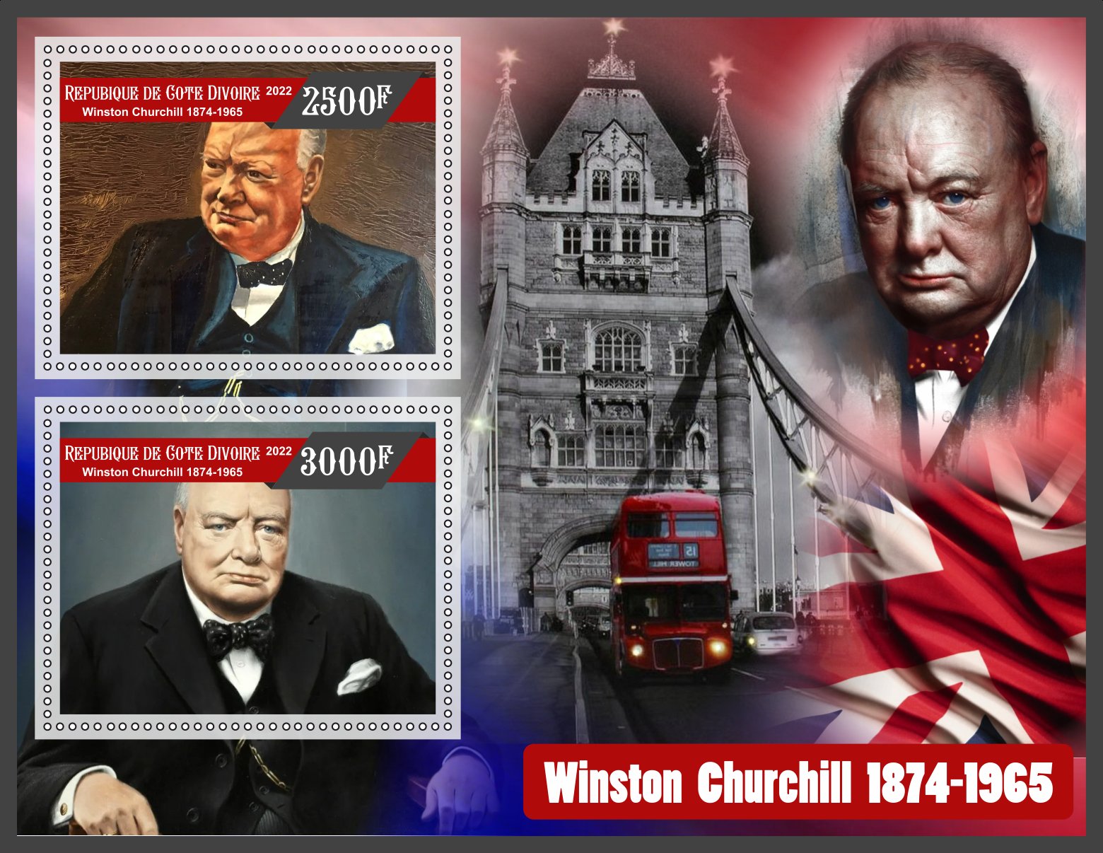 Stamps. Famous People,Winston Churchill Ivory Coast 2022 year 1+1 ...