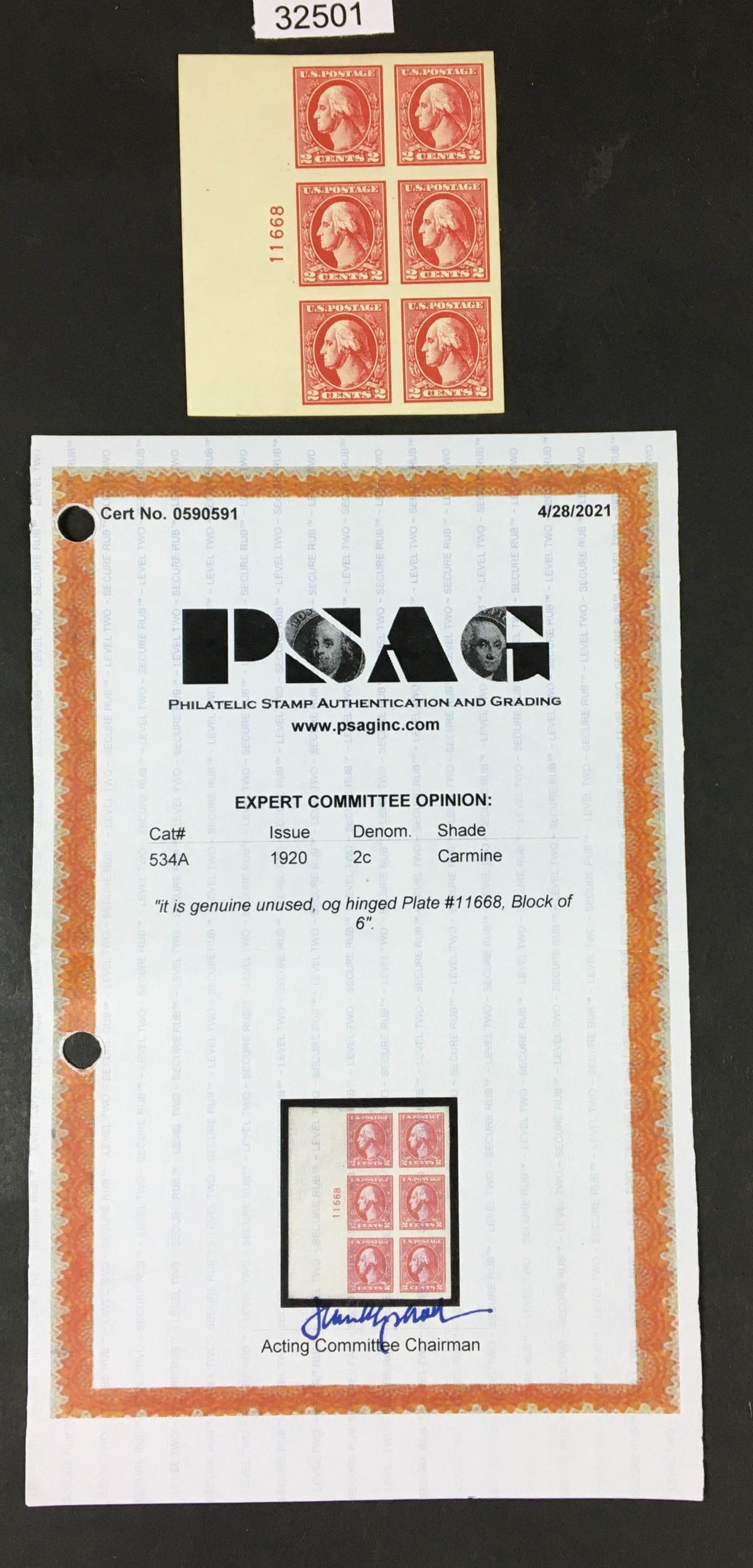 US # 534a Plate Block of 6 Mint OG H Superb **Psag Cert** CAT. $450 ...