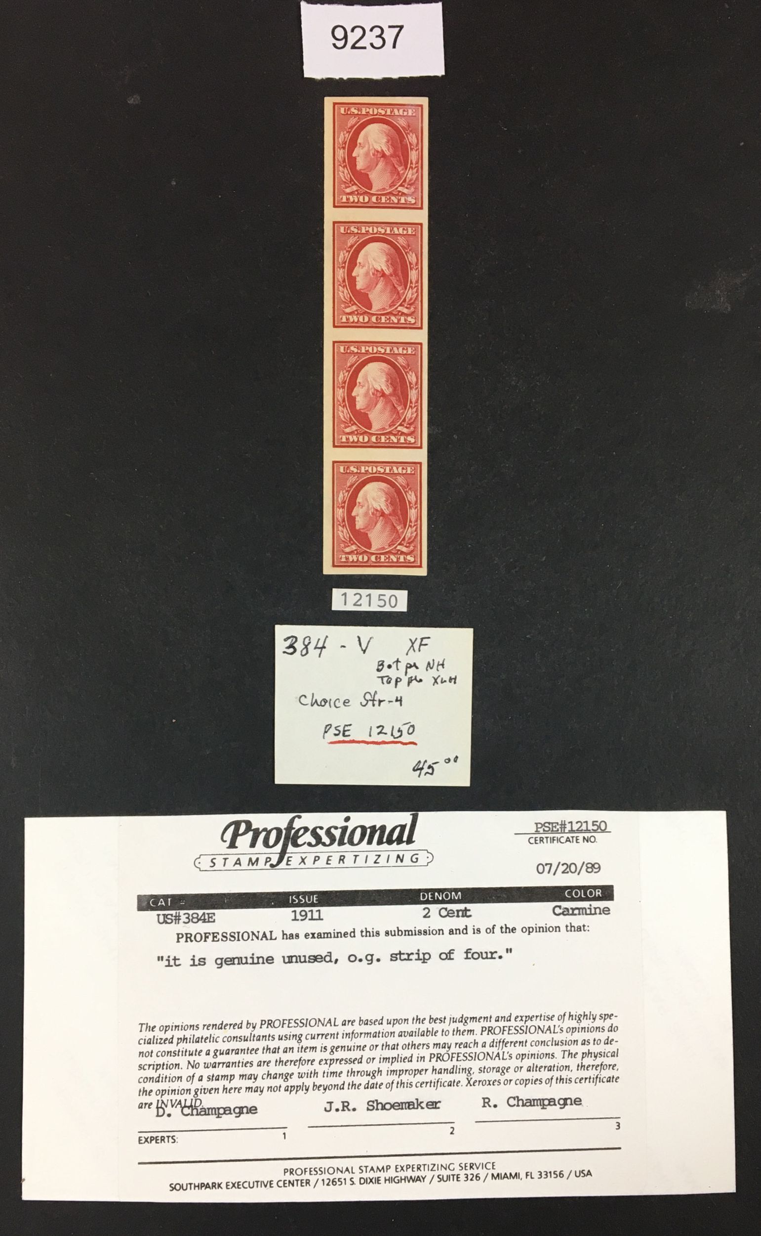 US Stamps # 384v Mint OG NH Strip **Pse Cert** LOT #C 9237 | United ...