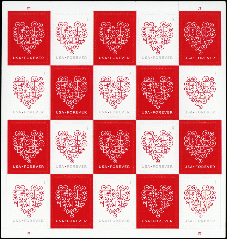 4955CF1, Counterfeit Pane of 20 Red and White Hearts Stamps | United ...