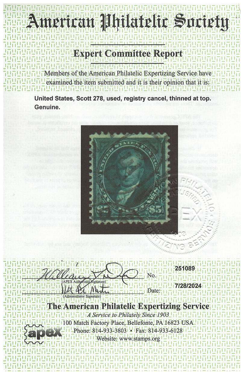 U.S. Scott # 278; 1896 $5 dk grn Marshall | United States, General ...