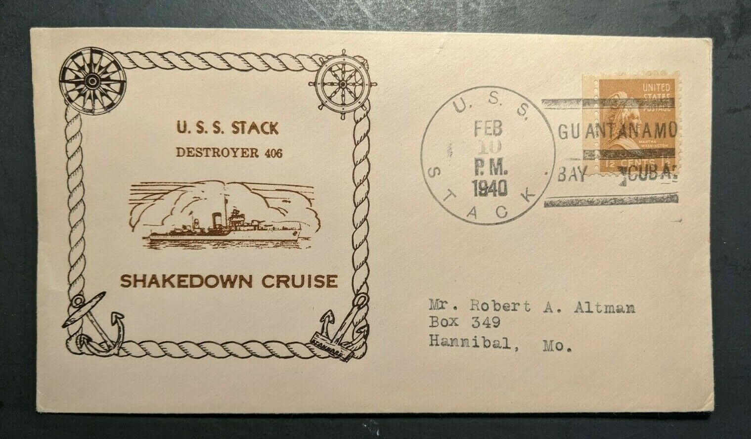 1940 USS Stack Guantanamo Bay to Hannibal MO US Destroyer WWII ...