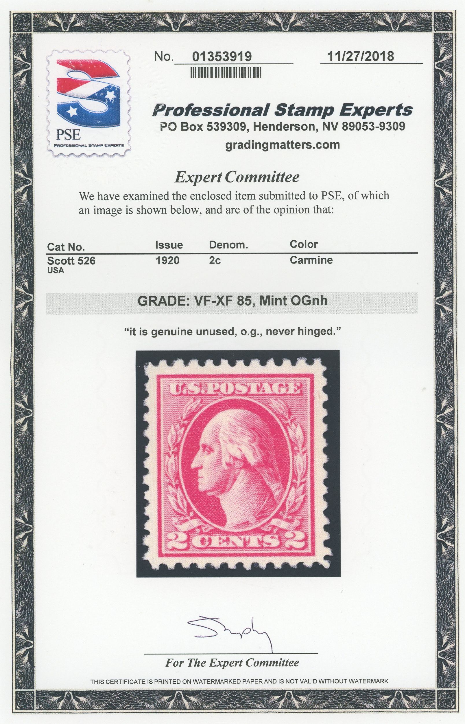 USA 526 - 2 cent Offset Type IV - PSE Graded Cert: VF/XF 85 Mint OGnh ...