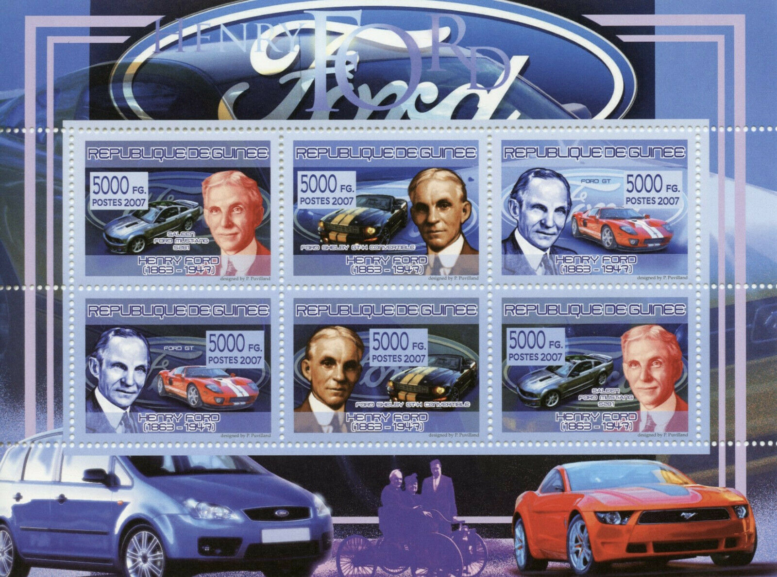 Guinea Cars Stamps 2007 MNH Henry Ford Mustang GT Famous People 6v M/S ...