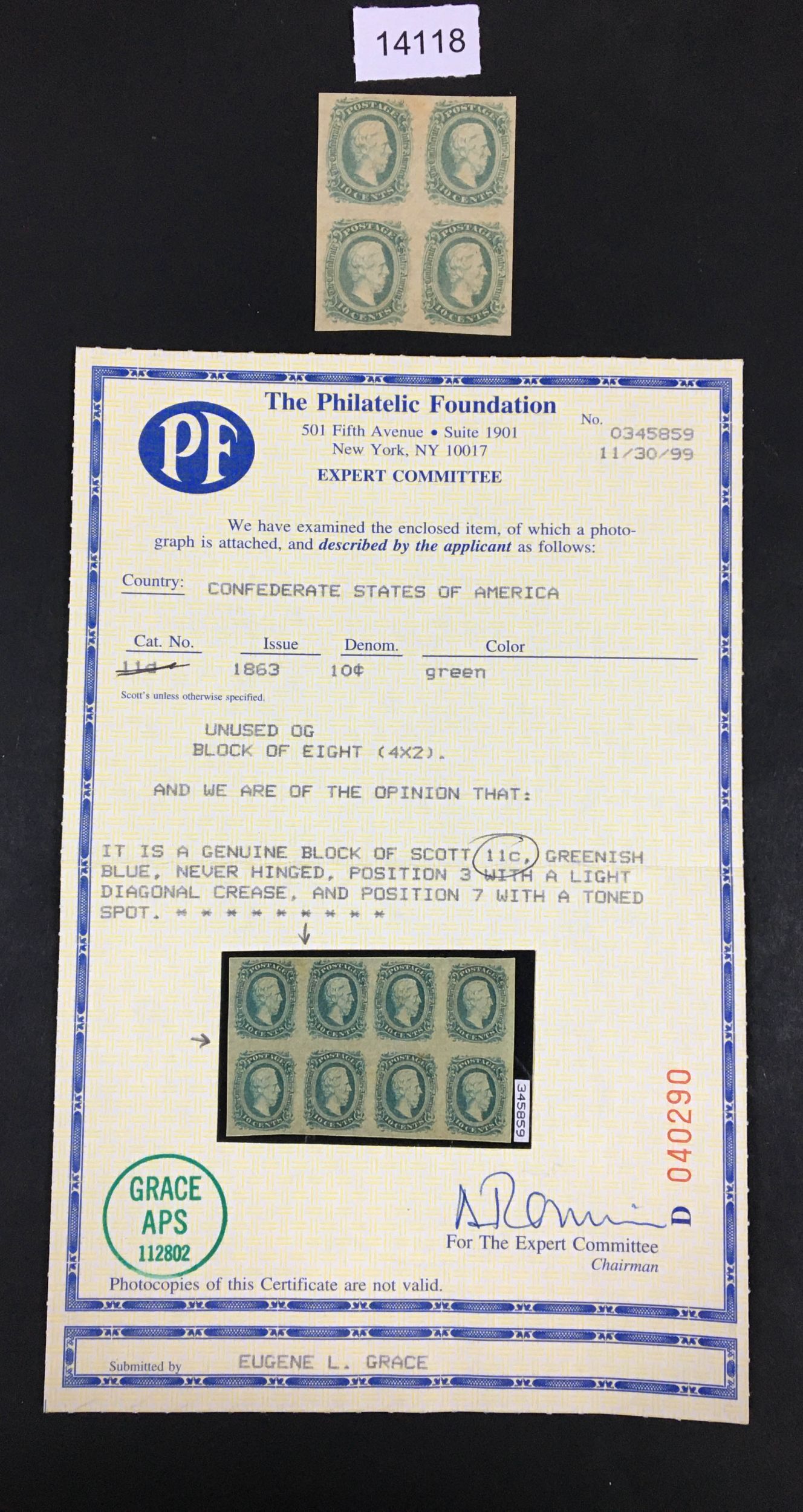 US Stamps CSA # 11c Mint OG NH Block **Pf Cert** LOT #14118 | United ...