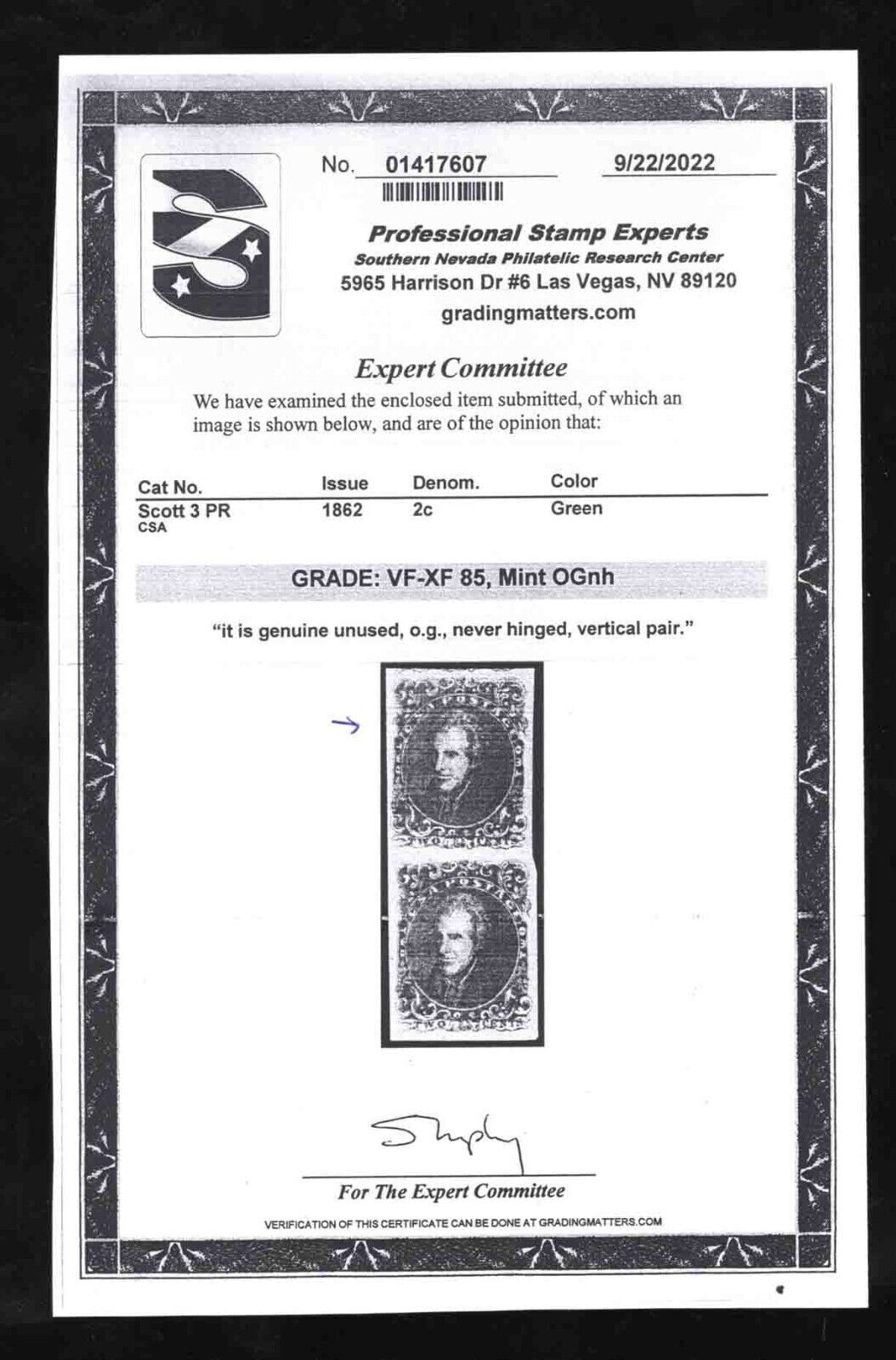 US Stamps CSA #3 Mint OG NH PSE Graded Cert VF/Xf-85 LOT #79151 ...