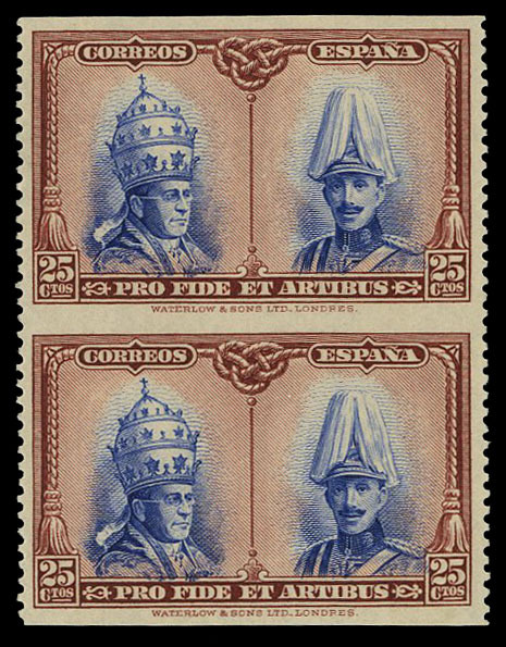 Spain #B81var, 1929 25c deep rose and violet, vertical pair imperf ...