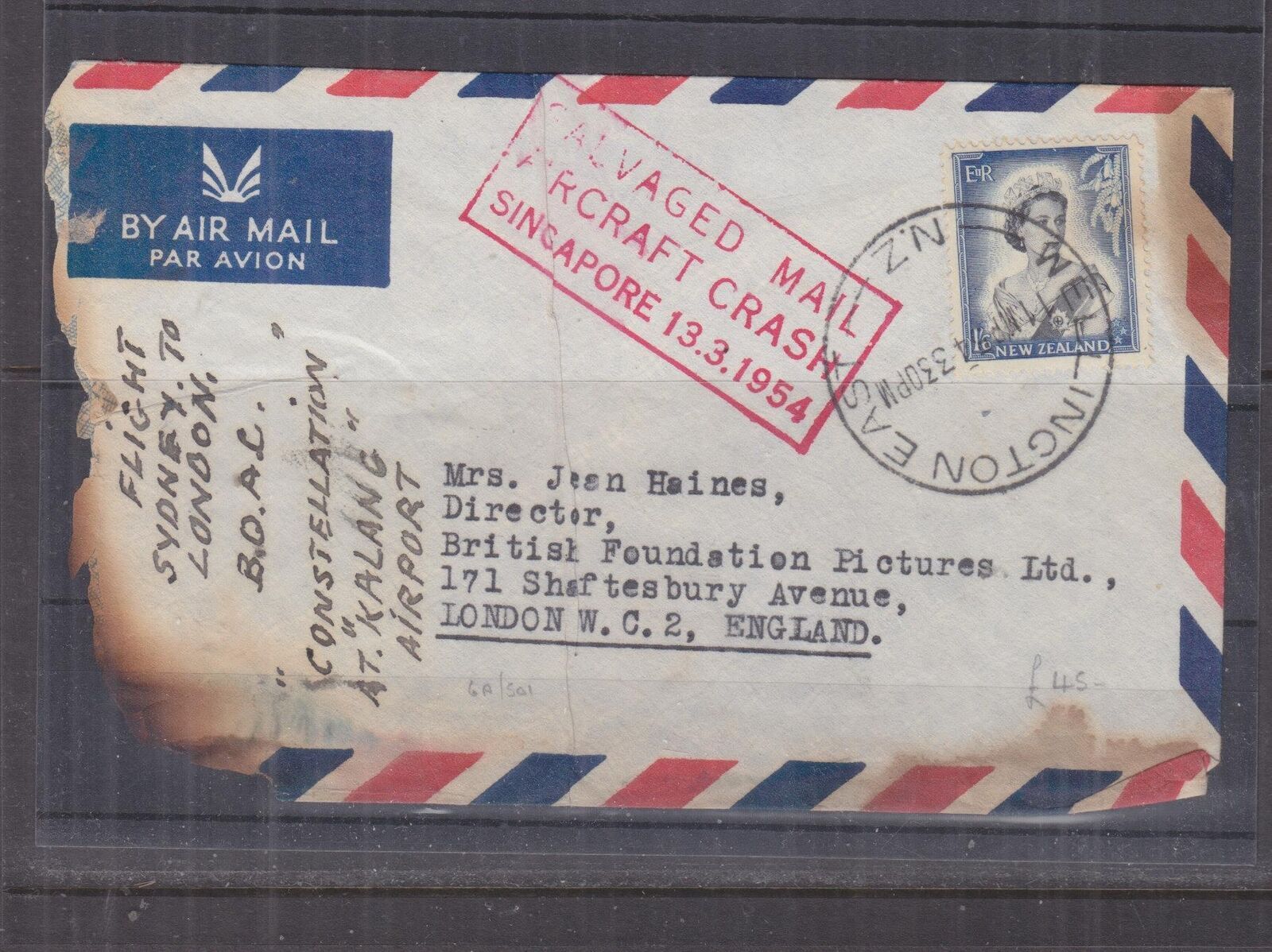 Singapore. 1954 Boac Salvaged Mail, Aircraft Crash Cover, New Zealand ...