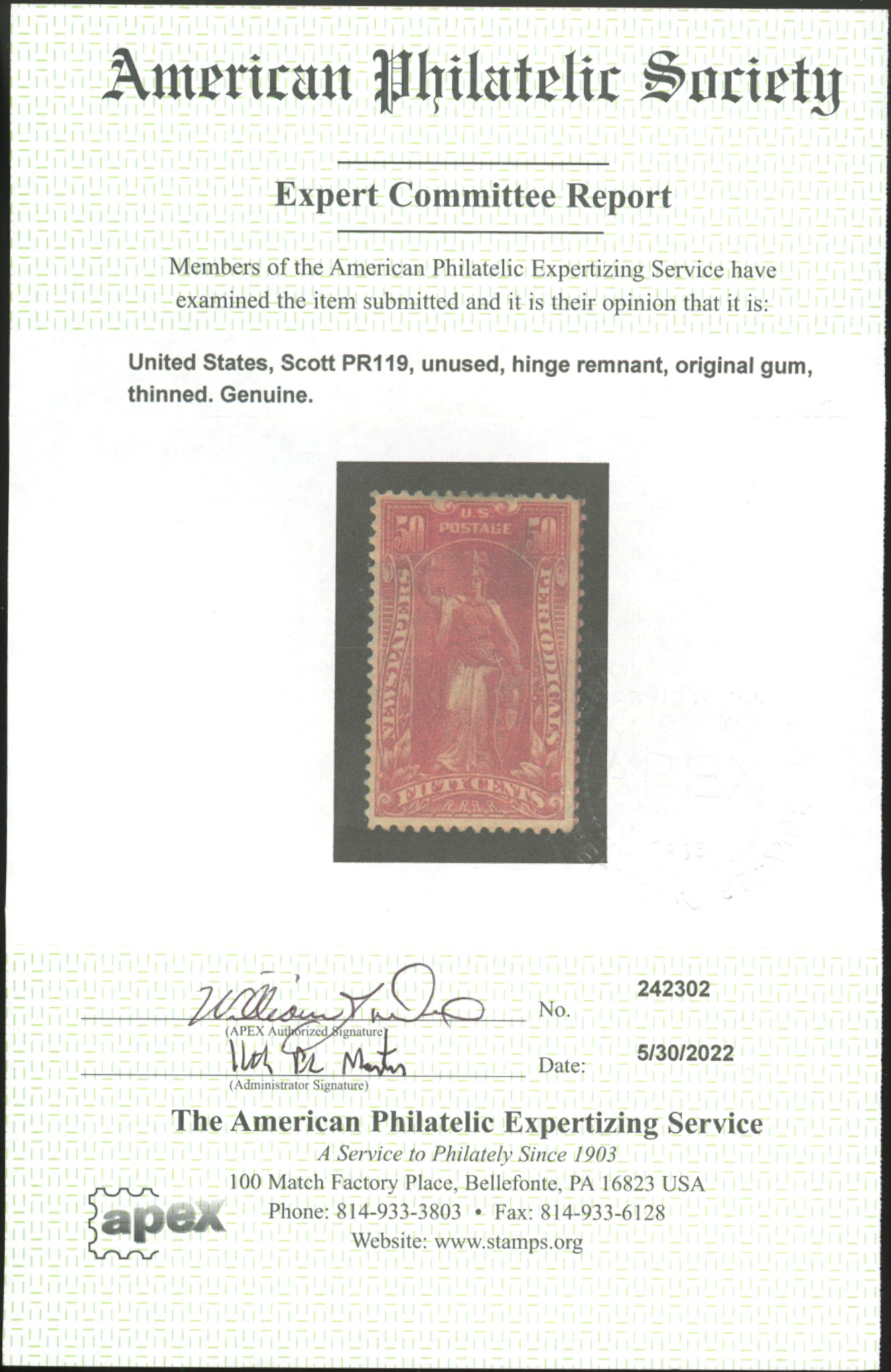 U.S. #Pr119 Mint With APS Cert | United States, Newspaper Stamps Stamp ...