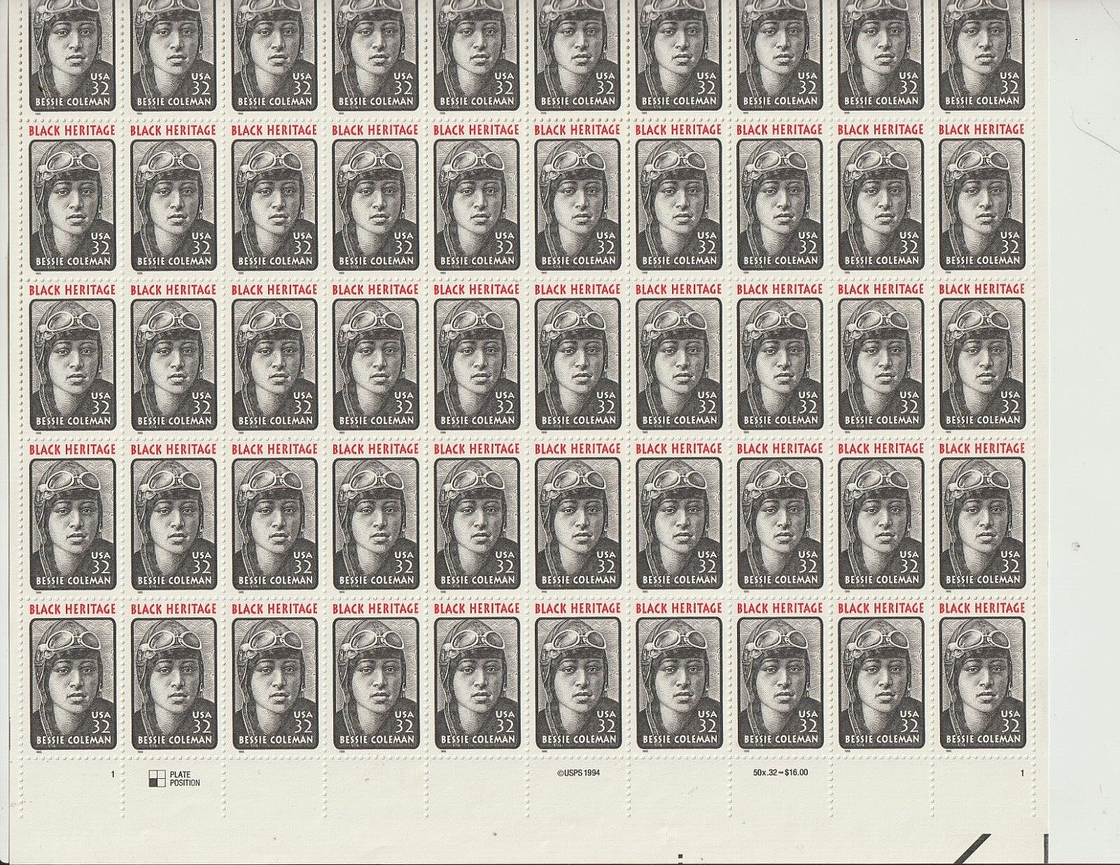 US Stamp Scott # 2956, 1995 Black Heritage Bessie Coleman 50 Stamp ...