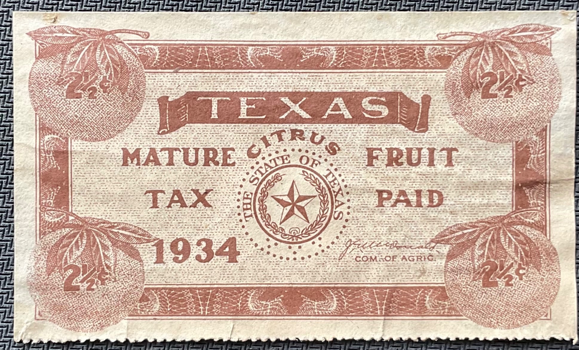 1934 Used Texas Mature Citrus Fruit Tax Paid 2 1/2 Cent L44 | United ...