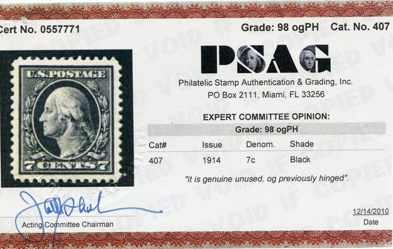US Scott #407 Mint-Sup-Og-Lh Graded 98 W/ Psag PF Certs SMQ $400 (4/19 ...