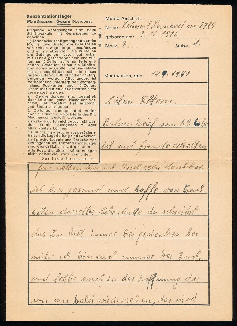 Germany 1941 printed Letter sheet from inmate in Mauthausen ...