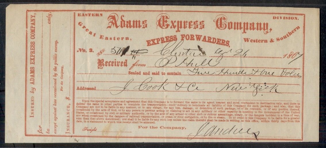 1867 ADAMS EXPRESS Co. receipt form for $501.00, VF | United States ...