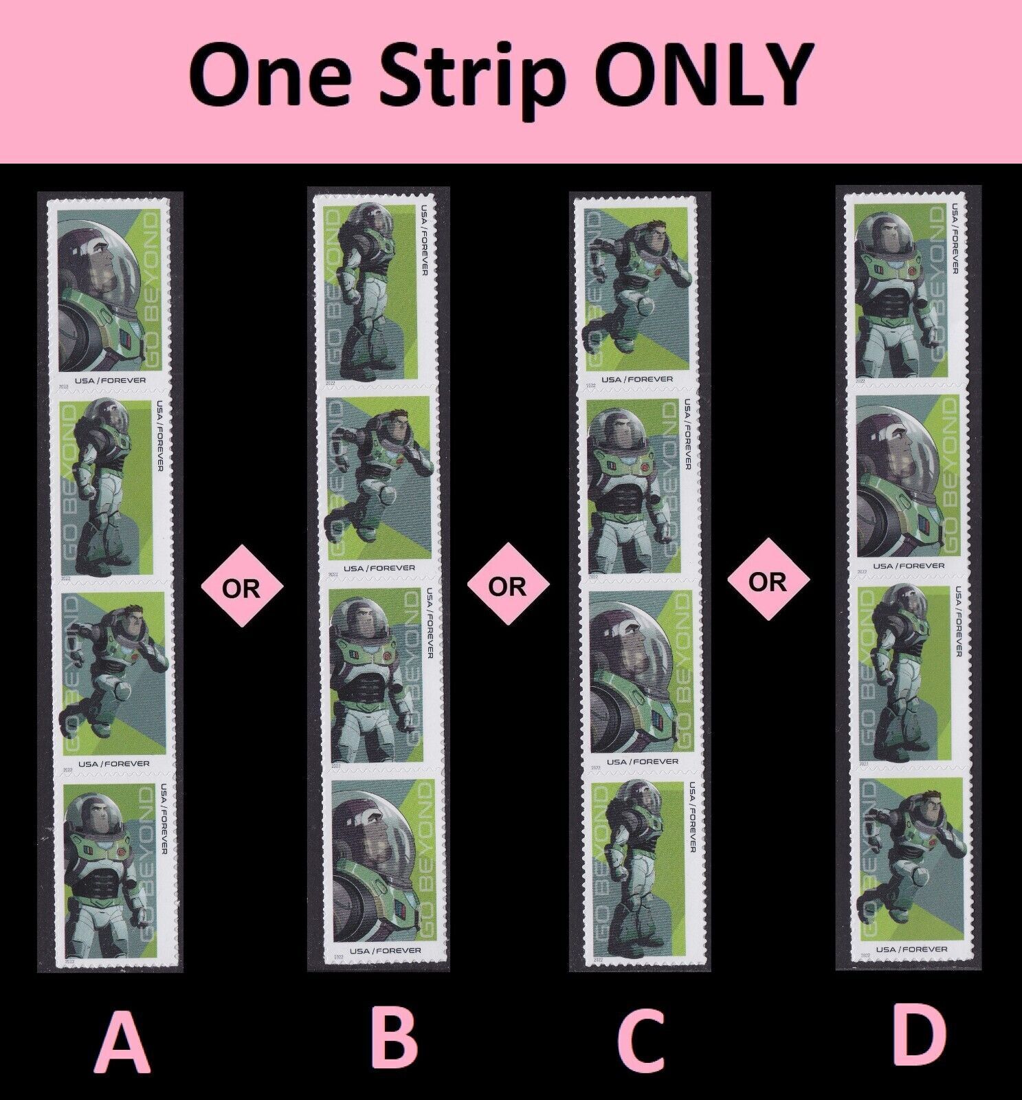US 5709-5712 5712b Go Beyond Buzz Lightyear forever vert strip (4) MNH ...