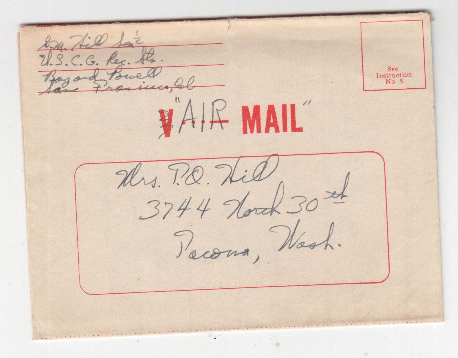 V MAIL form, 1945 used as Airmail letter, US COAST GUARD to Tacoma, WA ...